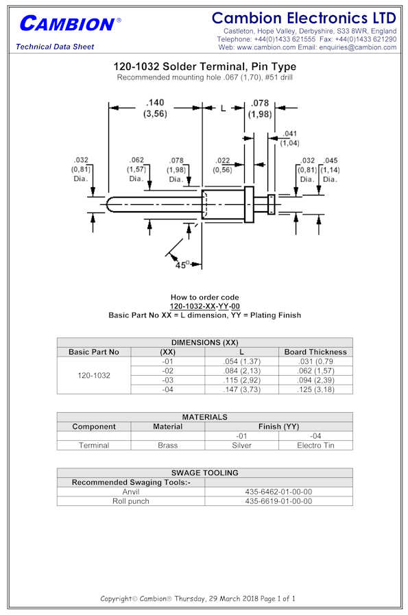 120 1032 01 XX 00 Solder Terminals Swaged Feedthrough 120 1032 01 XX 00 Solder Terminals Swaged Feedthrough